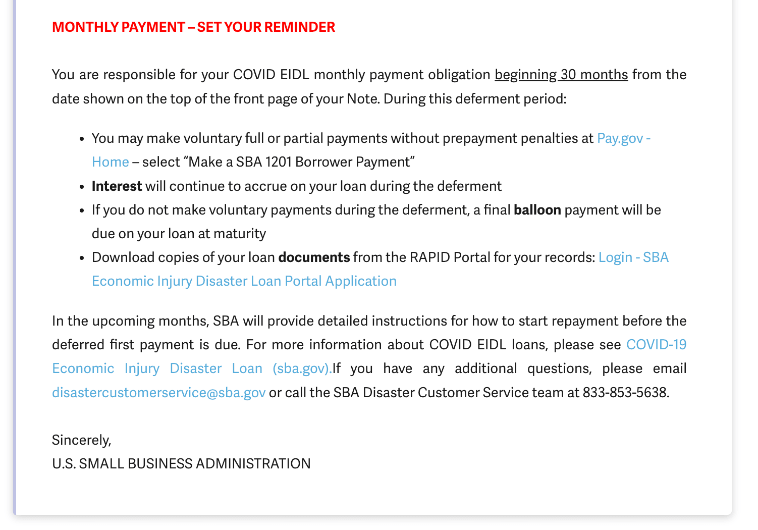 SBA Sends EIDL Program Update